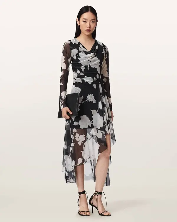 ALLSAINTS Loria Draped Mesh Midi Dress - Black