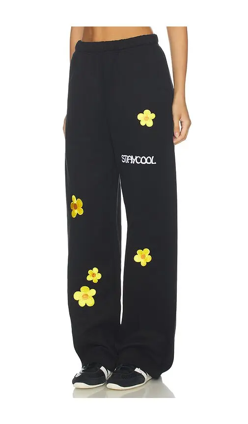 STAY COOL Sunflower Embroidered Fleece Lined Sweatpants
