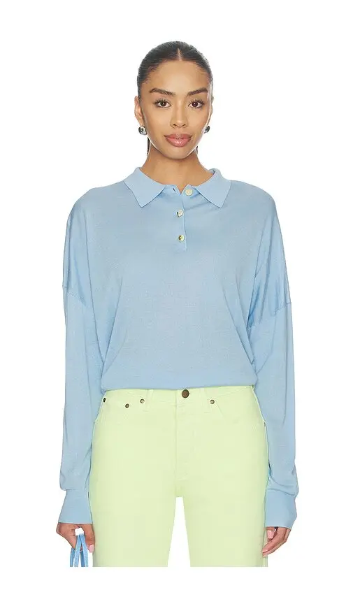 Renggli Silk Cashmere Boxy Long Sleeve Polo In Blue - Azure