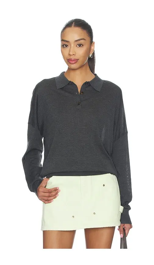 Renggli Silk Cashmere Boxy Long Sleeve Polo In Charcoal - Graphite