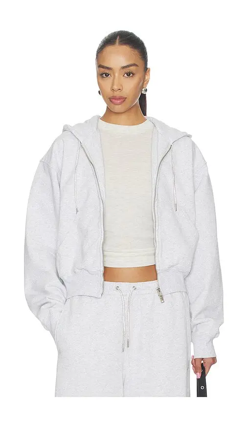 Alexander Wang Zip Up Hoodie With Rhinestone Drawcord - Light Heather Grey