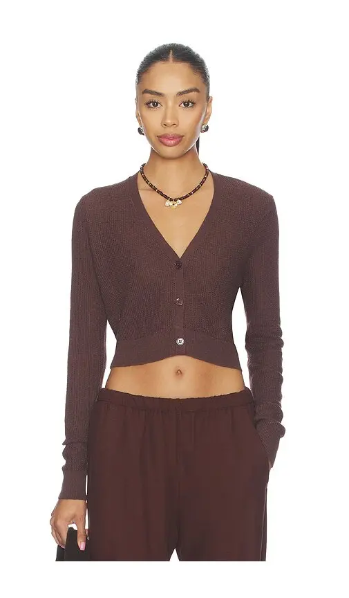 Enza Costa Linen Open Knit Cropped V-neck Cardigan - Chocolate