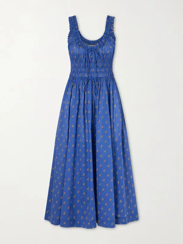 DÔEN Emmaretta Shirred Floral-print Cotton Midi Dress - Blue