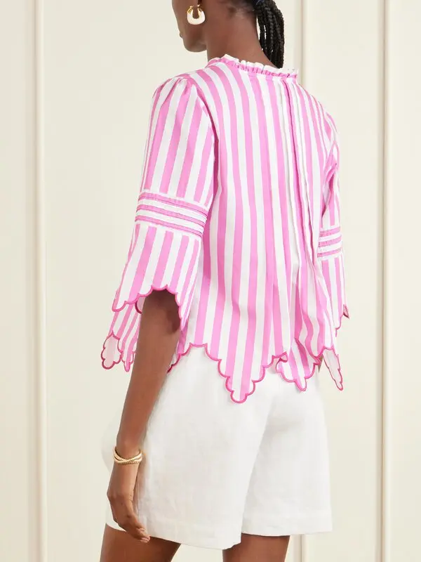 Loretta Caponi Matilde Scalloped Striped Cotton Shirt - Pink
