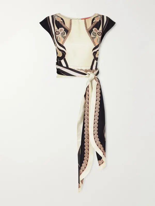 La DoubleJ Printed Silk-twill Blouse With Tie Detail - Neutrals