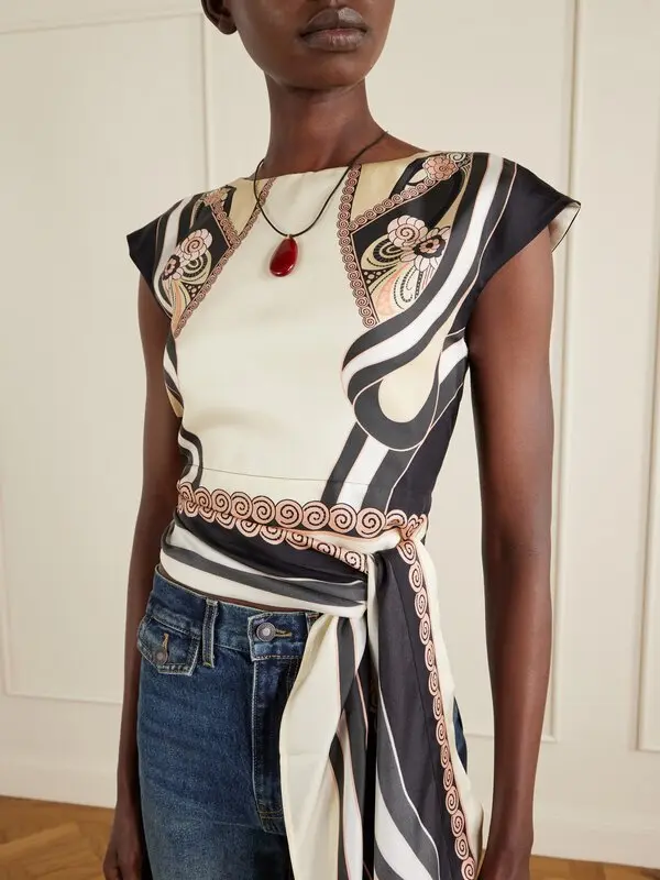 La DoubleJ Printed Silk-twill Blouse With Tie Detail