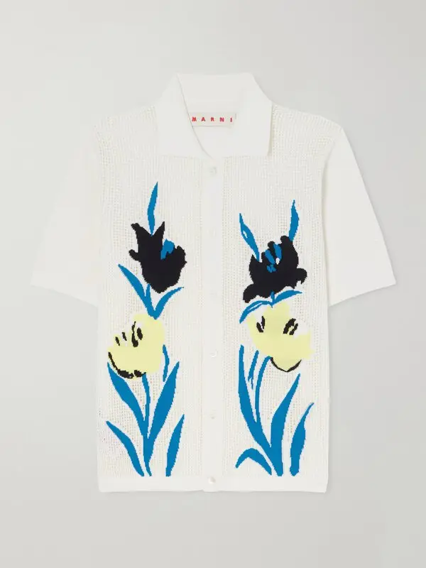 Marni Intarsia Open-knit Cotton Polo Shirt - Multi