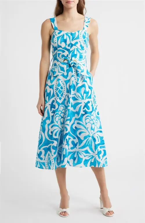 TAHARI ASL Grommet Tie Belt Midi Fit-and-flare Dress - Blue Jewel Ivory