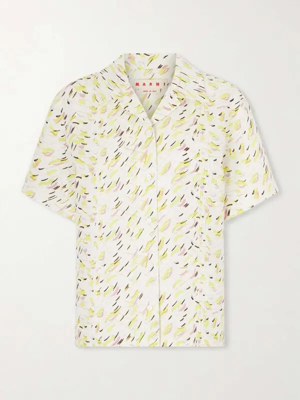 Marni Pintucked Printed Linen Shirt - Yellow