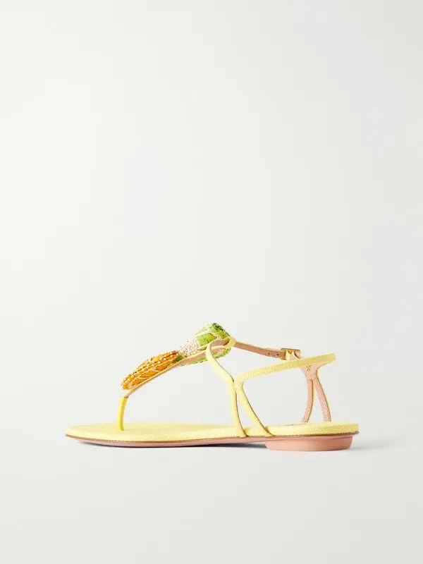 AQUAZZURA Embellished Raffia-effect Thong Sandals - Yellow