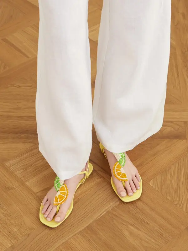 AQUAZZURA Embellished Raffia-effect Thong Sandals - Yellow