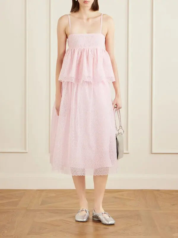 Cecilie Bahnsen Embroidered Cotton-blend Midi Skirt - Pink