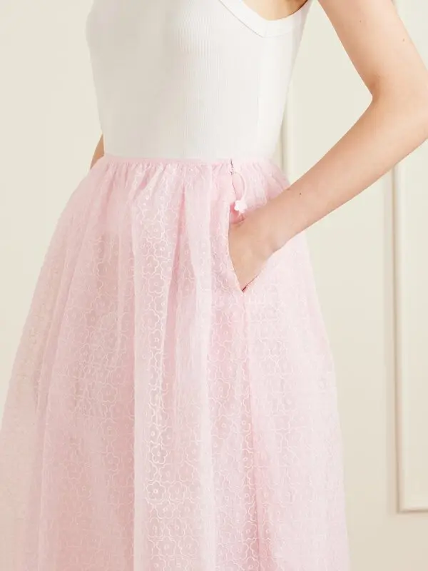 Cecilie Bahnsen Embroidered Cotton-blend Midi Skirt - Pink