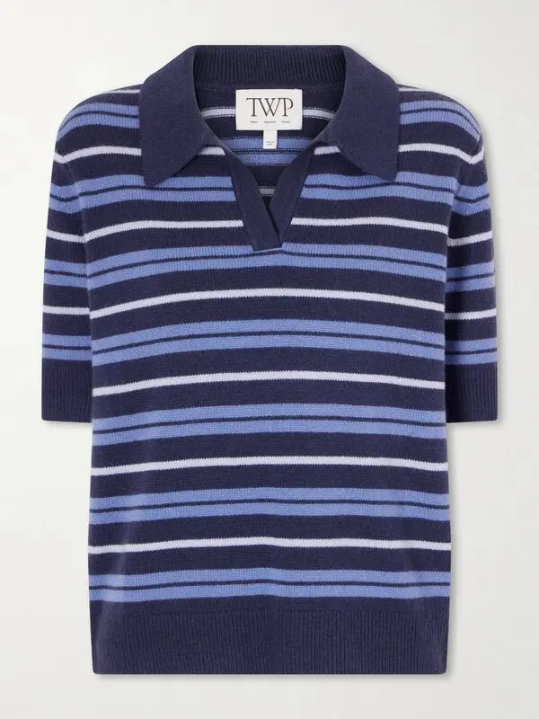 TWP Striped Cashmere Polo Sweater - Blue
