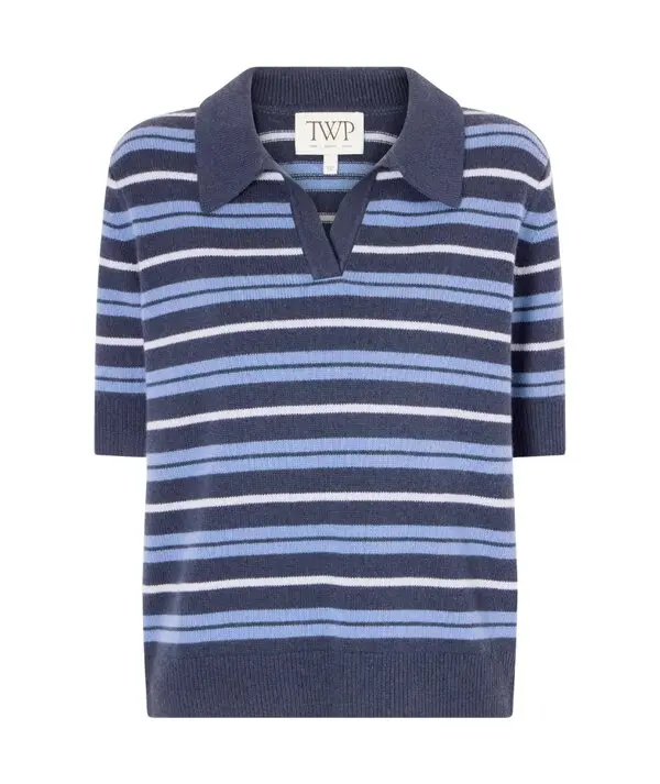 TWP Slightly Oversized Striped Polo Top - Blue