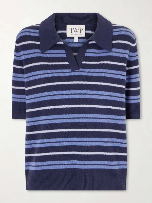 TWP Striped Cashmere Polo Sweater - Navy