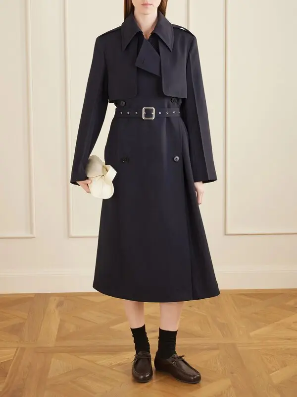 JIL SANDER Belted Wool Gabardine Trench Coat - Blue