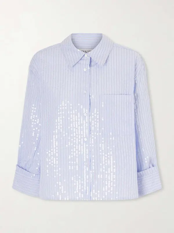 TWP Striped Sequined Cotton-poplin Shirt - Blue