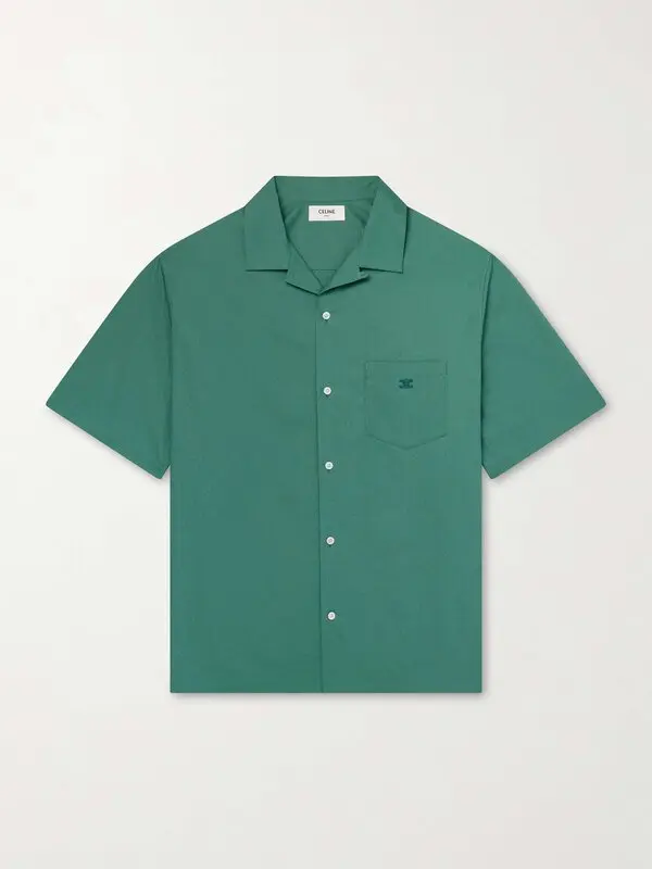 Celine Convertible-collar Logo-embroidered Cotton And Linen-blend Shirt - Green