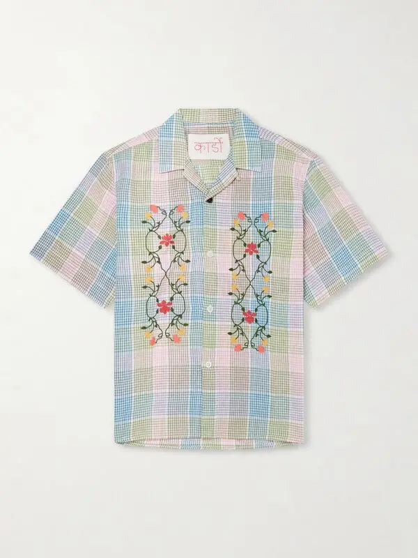 KARDO Ronen Camp-collar Floral-embroidered Checked Cotton And Linen-blend Shirt - Multi