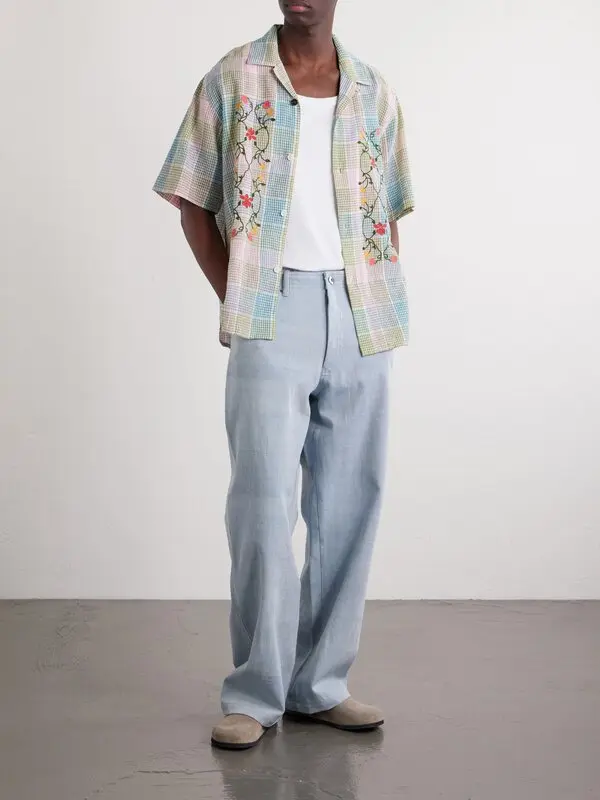 KARDO Ronen Camp-collar Floral-embroidered Checked Cotton And Linen-blend Shirt - Multi