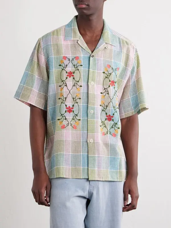 KARDO Ronen Camp-collar Floral-embroidered Checked Cotton And Linen-blend Shirt - Multi