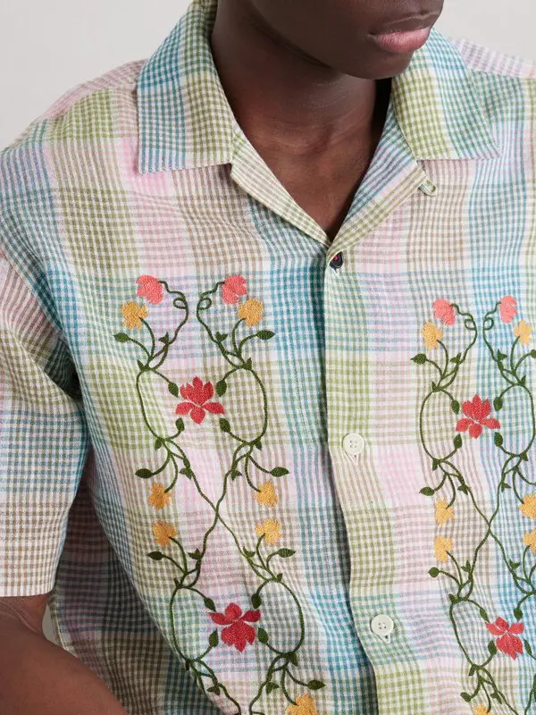 KARDO Ronen Camp-collar Floral-embroidered Checked Cotton And Linen-blend Shirt - Multi
