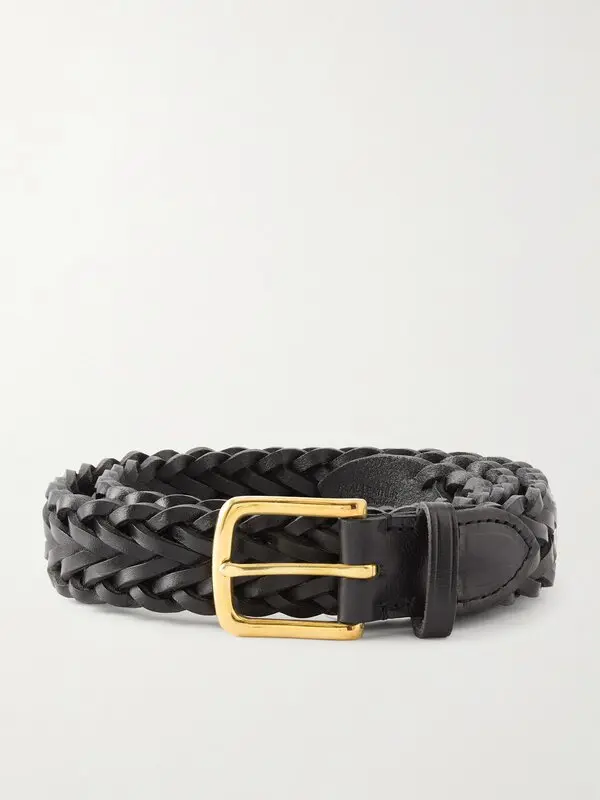 DRAKE'S 3.5cm Woven Leather Belt - Black