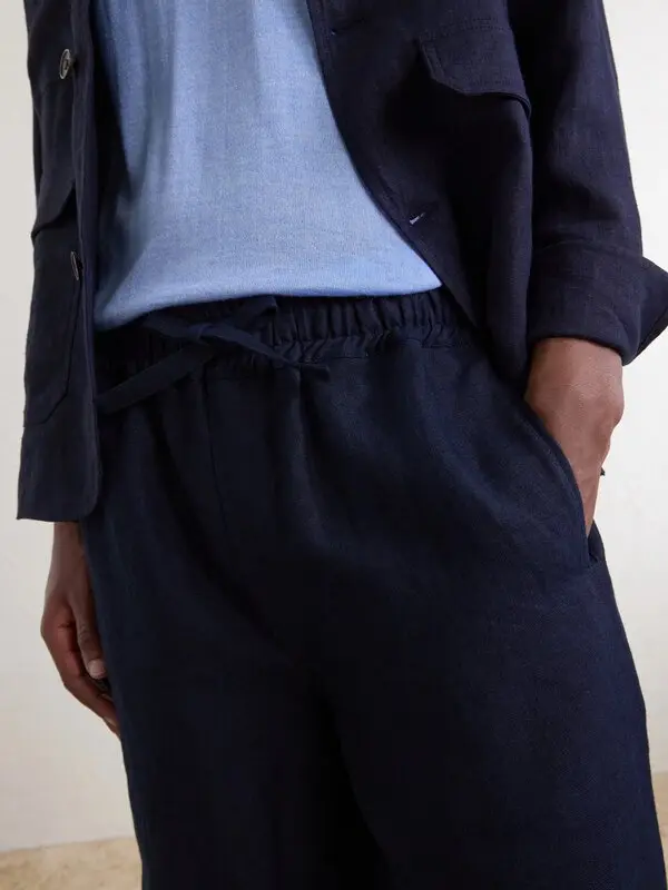 SAMAN AMEL Straight-leg Linen Drawstring Shorts - Blue
