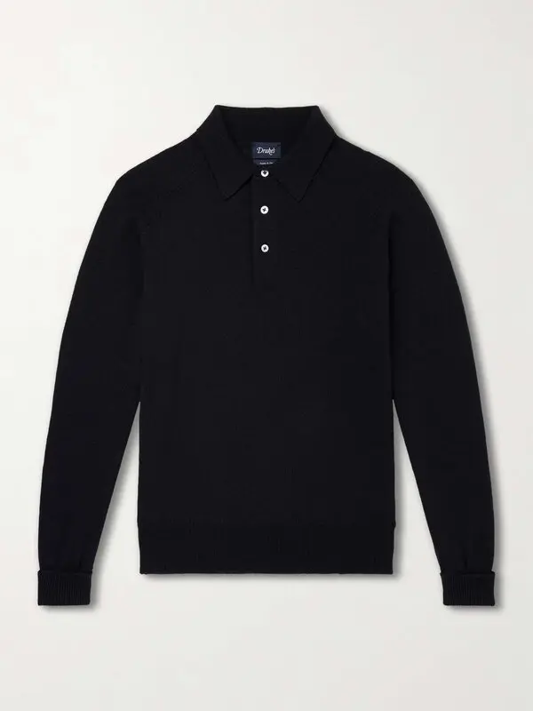 DRAKE'S Knitted Merino Wool Polo Shirt - Black