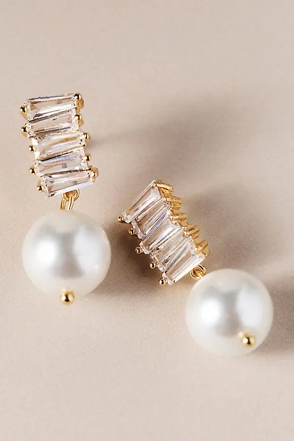 Anthropologie Crystal Stack Pearl Drop Earrings - Gold