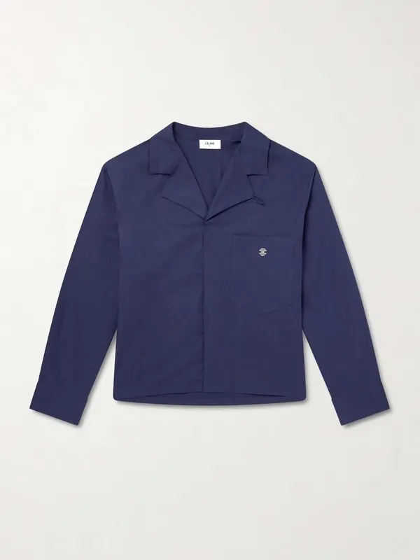Celine Logo-embroidered Cotton And Linen-blend Shirt - Navy