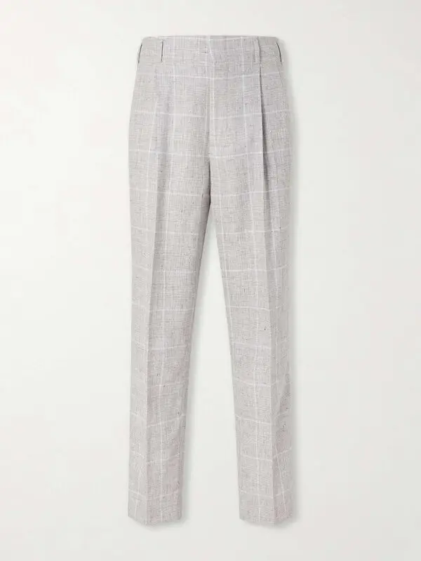 Brunello Cucinelli Pleated Checked Wool-blend Suit Trousers - Gray