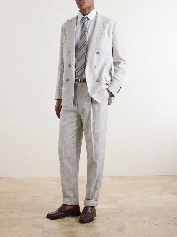 Brunello Cucinelli Pleated Checked Wool-blend Suit Trousers - Gray