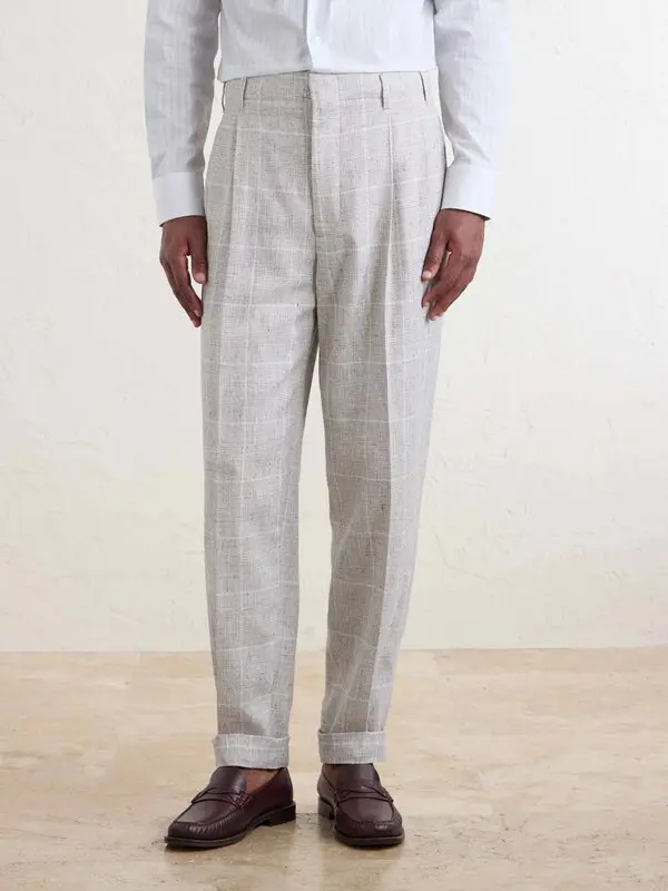 Brunello Cucinelli Pleated Checked Wool-blend Suit Trousers - Gray