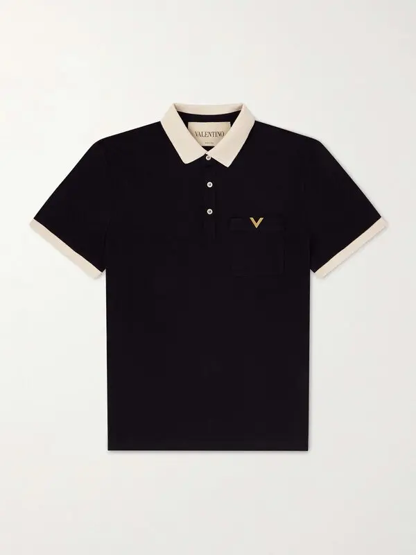 Valentino Garavani Vgold Cotton-piqué Polo Shirt - Black