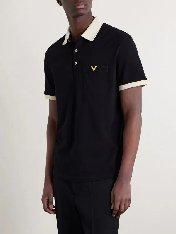 Valentino Garavani Vgold Cotton-piqué Polo Shirt - Black
