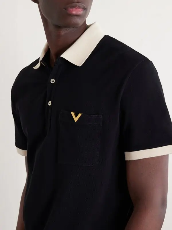 Valentino Garavani Vgold Cotton-piqué Polo Shirt - Black