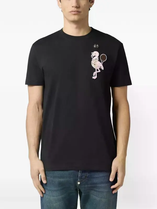 Philipp Plein Round Neck T-shirt Tennis Flamingo Patch - Black