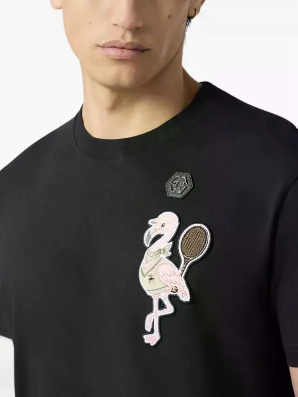 Philipp Plein Round Neck T-shirt Tennis Flamingo Patch - Black