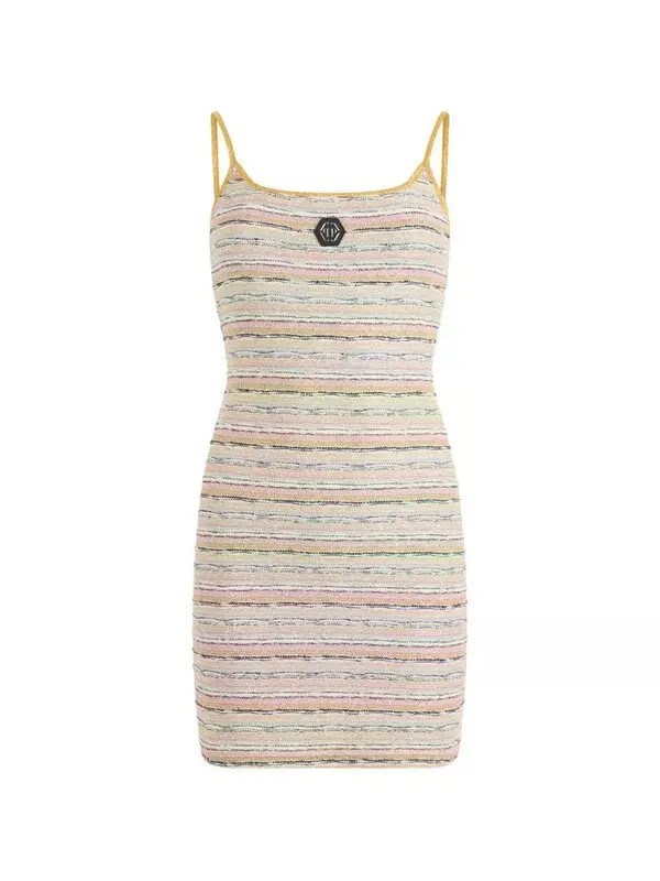 Philipp Plein Square Neck Mini Dress With Striped Logo Appliqu - Neutrals