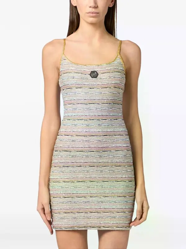 Philipp Plein Square Neck Mini Dress With Striped Logo Appliqu