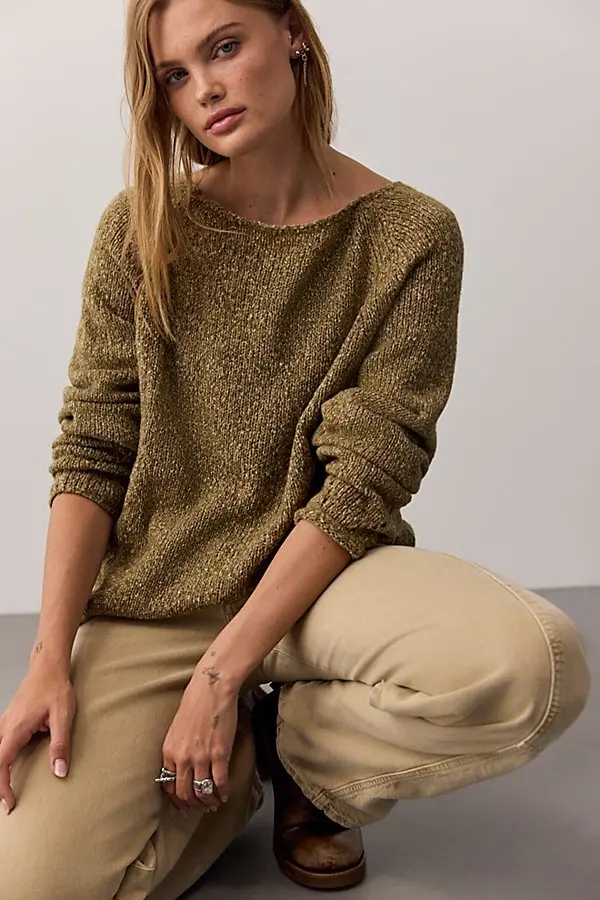 Free People Shoreline Softspun Knit Pullover - Warm Olive