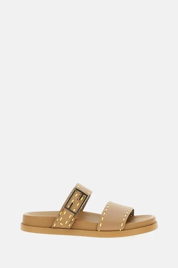 Fendi Feel Leather Slides - Beige