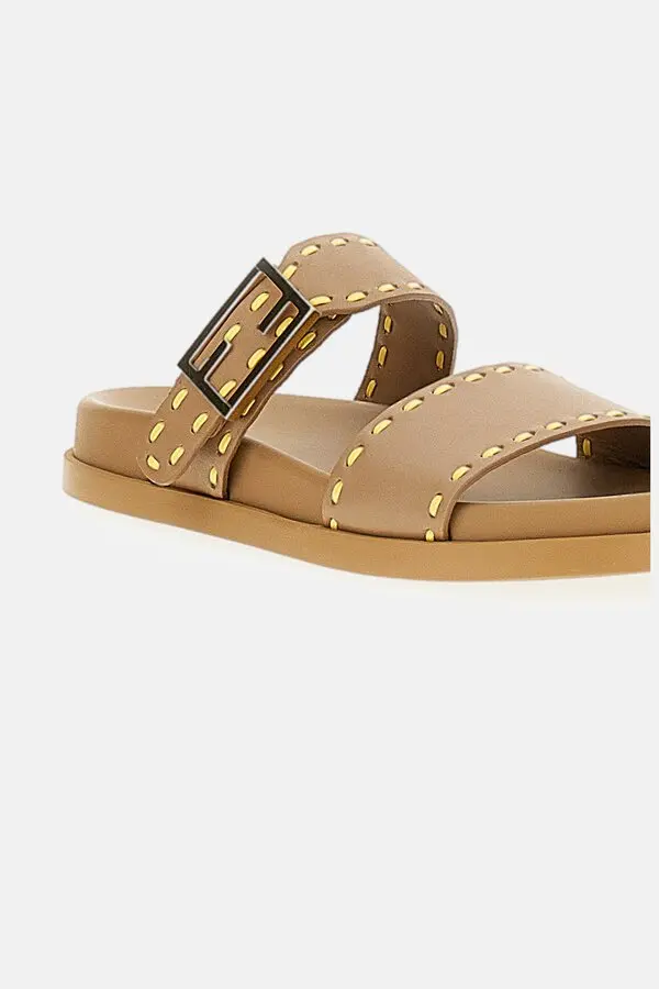 Fendi Feel Leather Slides - Beige