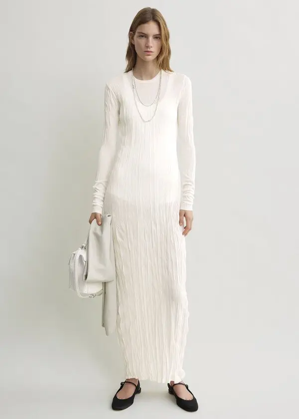 TOTEME Crinkled Knit Long-sleeve Column Dress - White