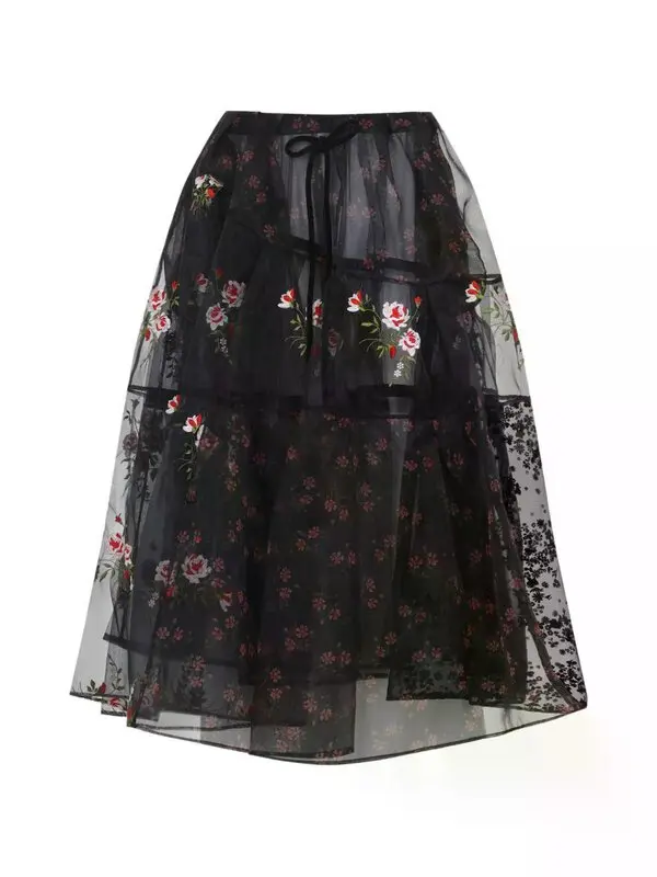 Simone Rocha Floral Embroidered Mid Skirt - Black