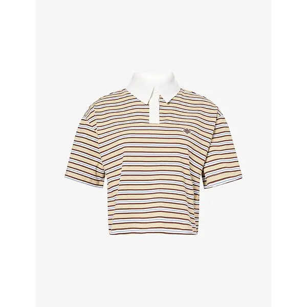THE COUTURE CLUB Striped Short-sleeve Woven Polo Shirt - Sand