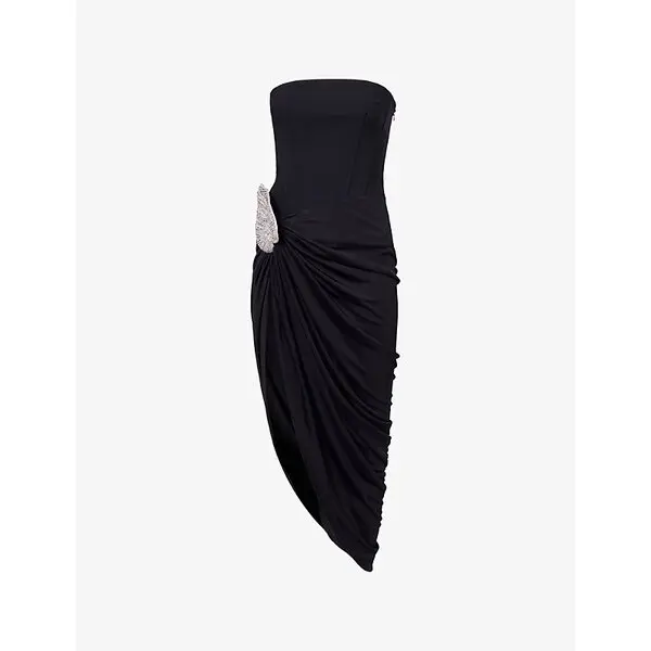 David Koma Crystal-embellished Asymmetric Wool-blend Midi Dress