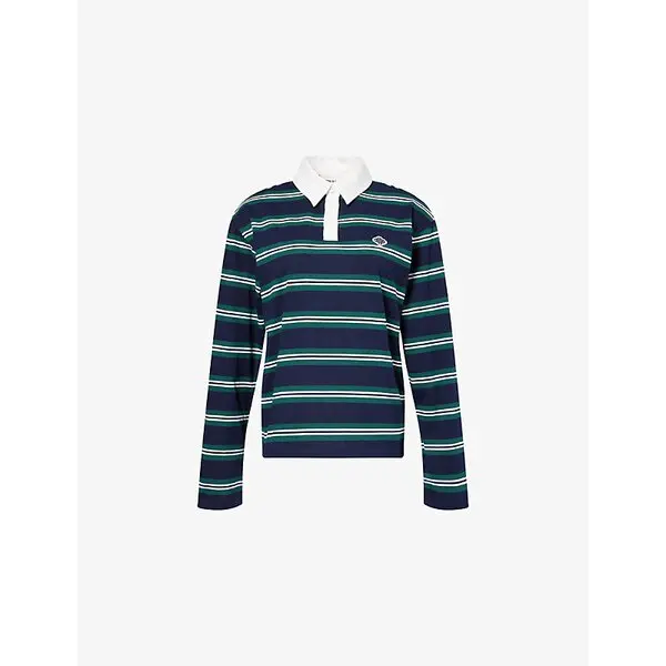 THE COUTURE CLUB Striped Long-sleeve Cotton-blend Polo T-shirt - Navy
